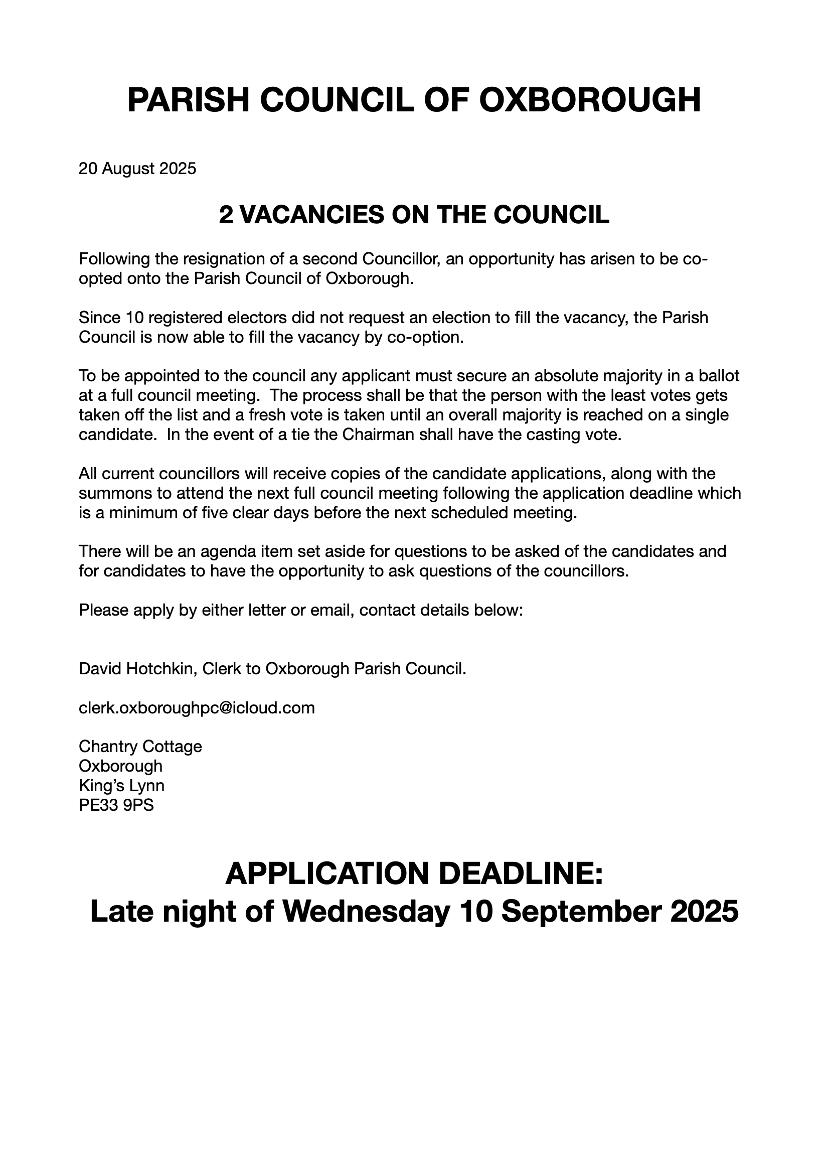 Parish Council Vacancies - Oxborough Voice